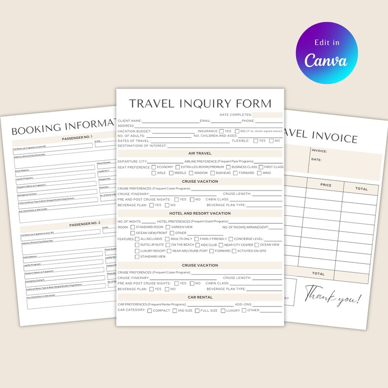 Travel Agent Forms, Booking Form Template, Canva Templates, Agency ...
