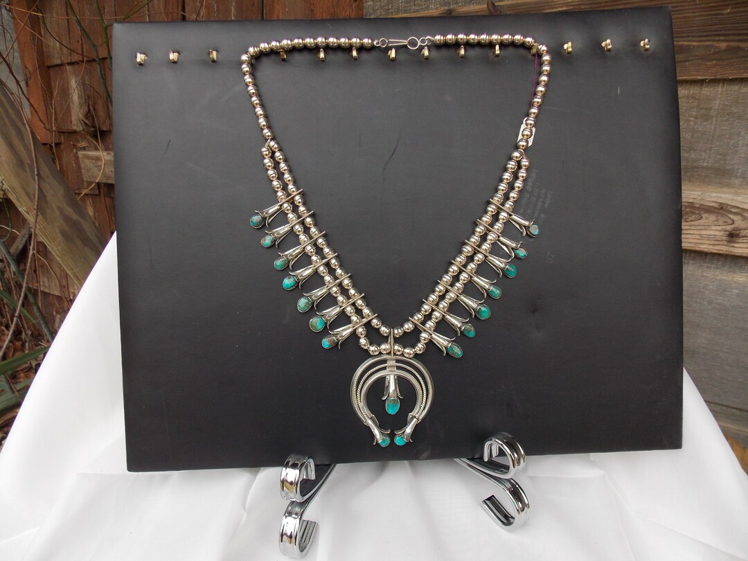 Native American Squash Blossom Turquiose on Silver Stamped D. Smcyn ...