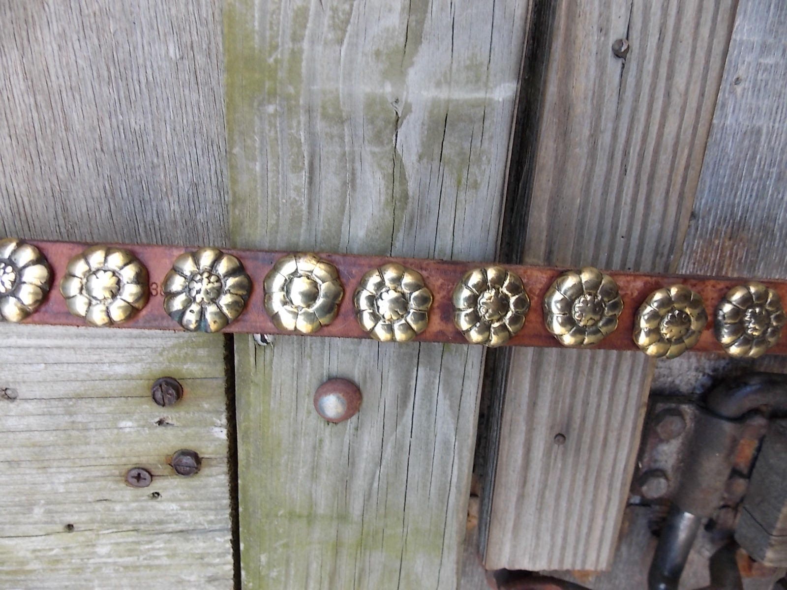 VINTAGE 20 DAISY ROSETTES Solid Brass 7/8" Across on Leather Strap 25 ...