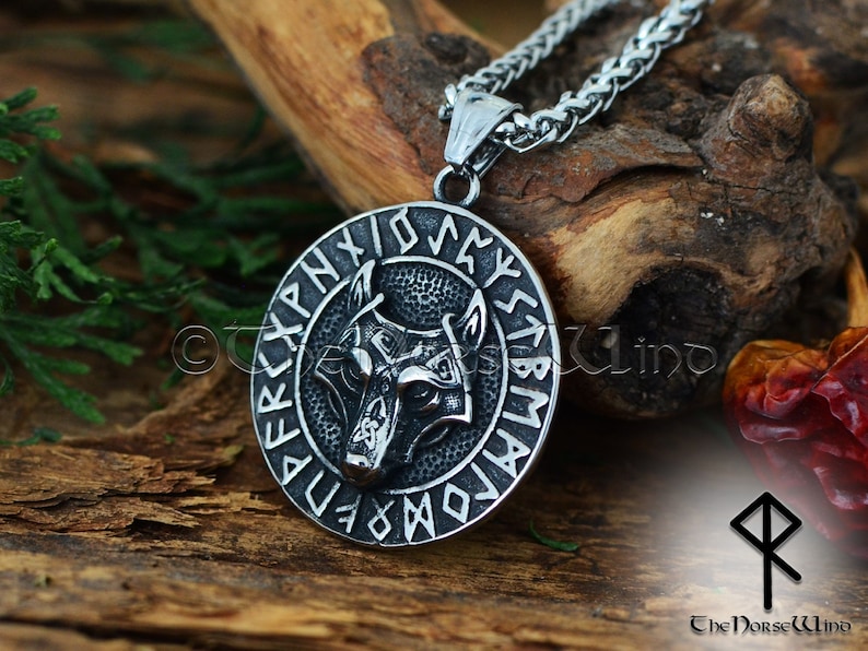 Fenrir Wolf Viking Necklace, Norse Wolf Head Pendant With Futhark Runes ...