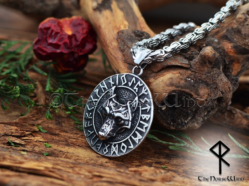 Fenrir Wolf Viking Necklace, Norse Wolf Head Pendant With Futhark Runes ...