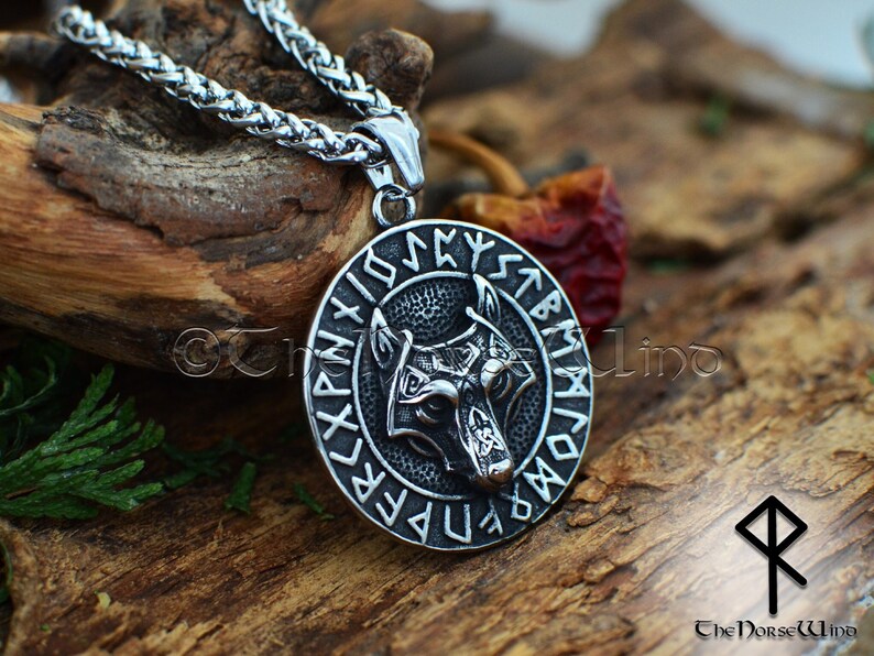 Fenrir Wolf Viking Necklace, Norse Wolf Head Pendant With Futhark Runes ...