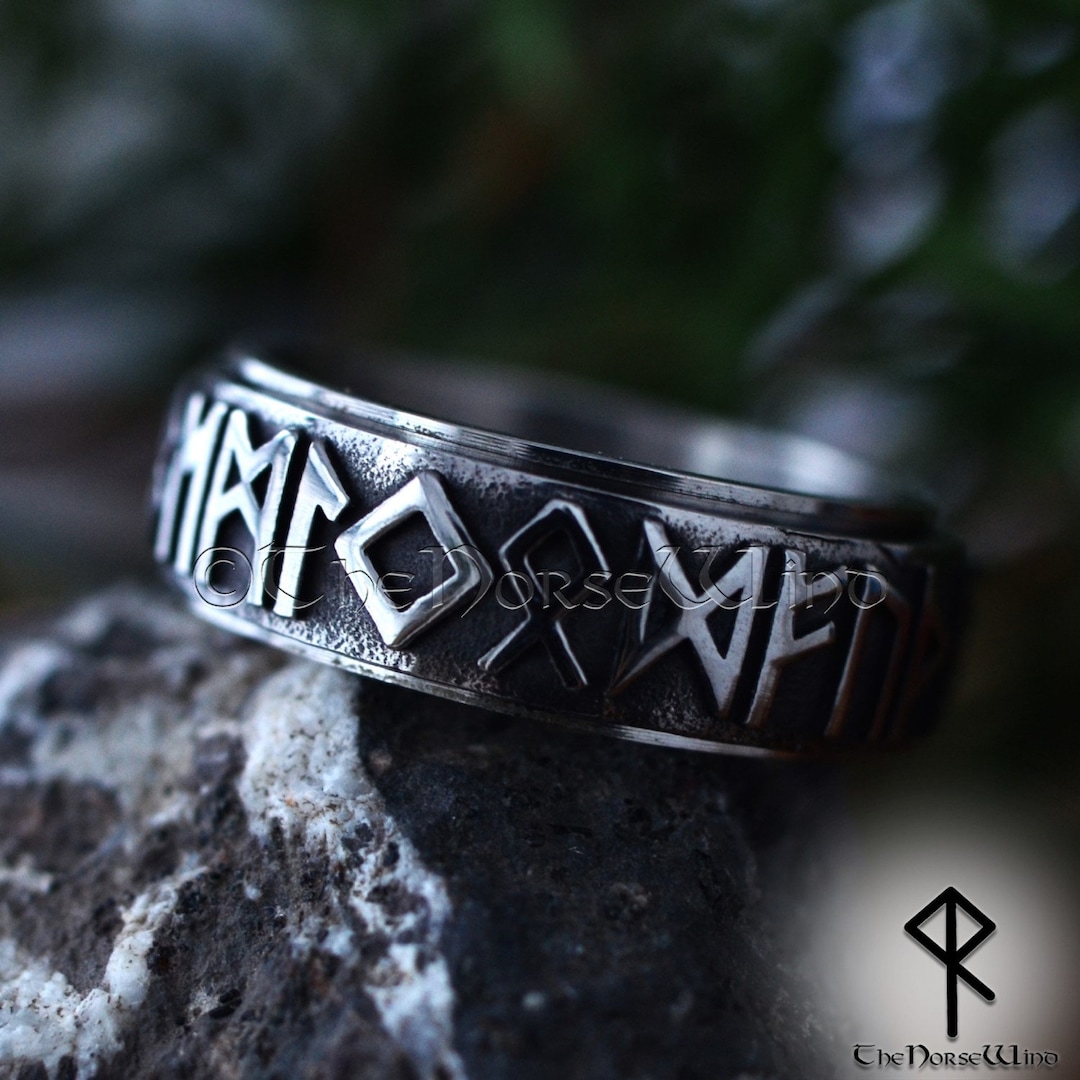 Viking Elder Futhark Runes Ring, Norse Runes 8mm Band Spinner Ring ...