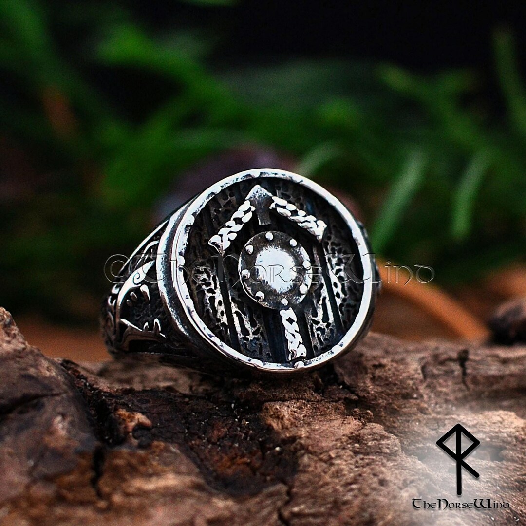 Tiwaz Rune Viking Shield Ring With Fenrir Wolf Heads – Norse Warriors ...
