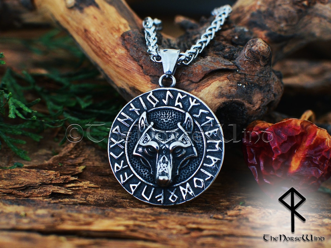 Fenrir Wolf Viking Necklace, Norse Wolf Head Pendant With Futhark Runes ...
