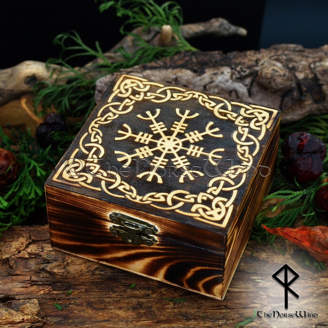 Viking Wooden Box - Helm of Awe Carved Altar Chest, Aegishjalmur Runes ...