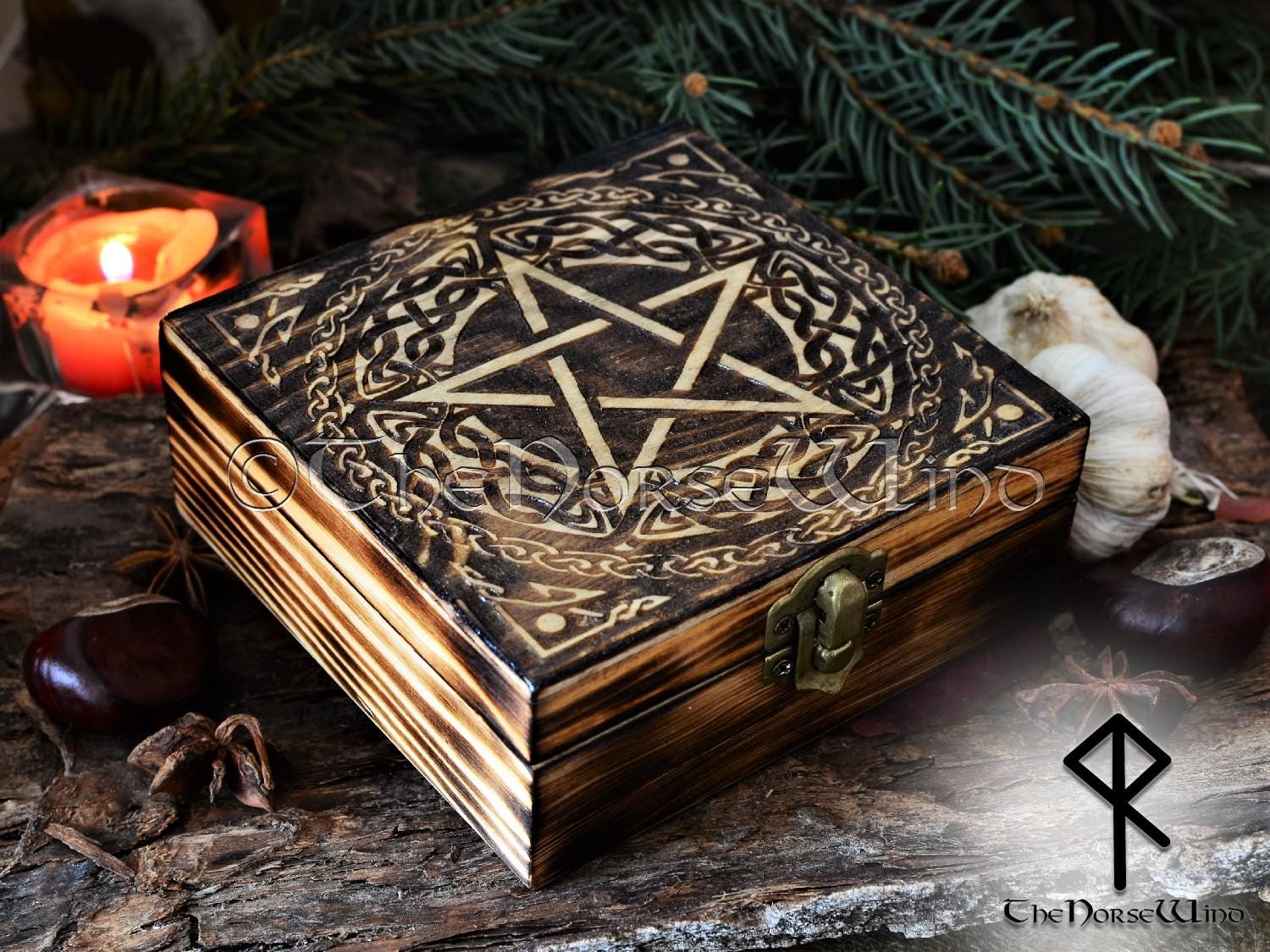 Celtic Knot Pentagram Altar Box, Carved Wooden Chest, Norse Witch ...