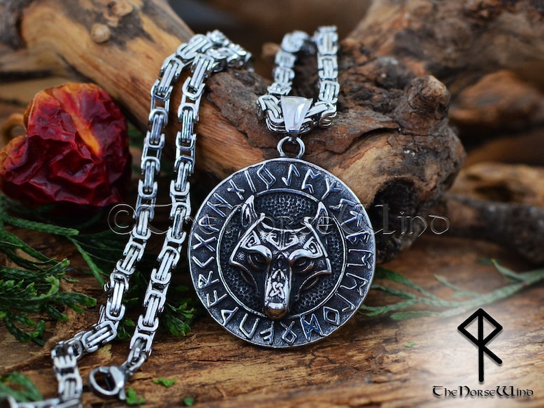Fenrir Wolf Viking Necklace, Norse Wolf Head Pendant With Futhark Runes ...