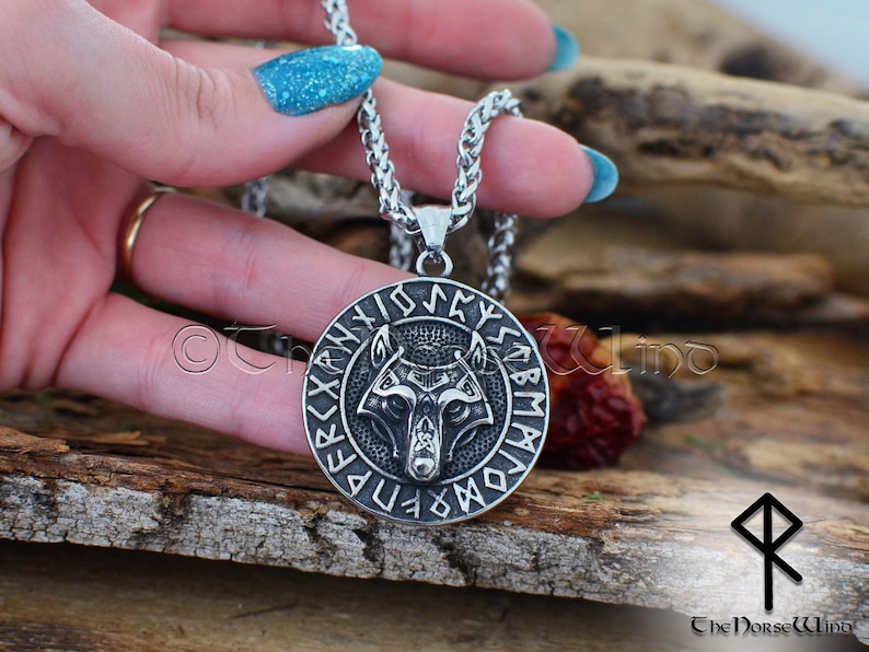 Fenrir Wolf Viking Necklace, Norse Wolf Head Pendant With Futhark Runes ...