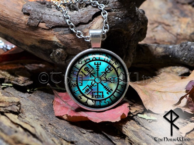 Vegvisir Viking Compass Necklace, Norse Runes Pendant, Glass Viking ...