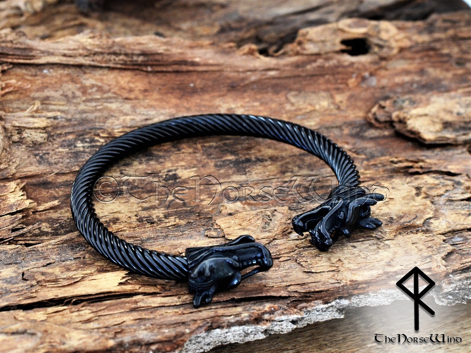 Viking Bracelet Nidhogg Dragon Head Torc, Black Stainless Steel Viking ...