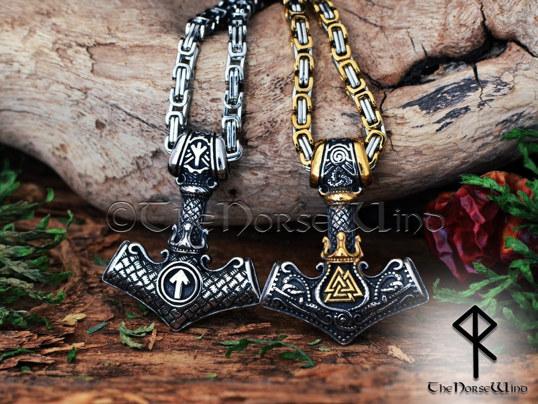 Viking Necklace Thor Hammer With Valknut and Tiwaz, Norse Mjolnir Pendant in Silver or Gold ...