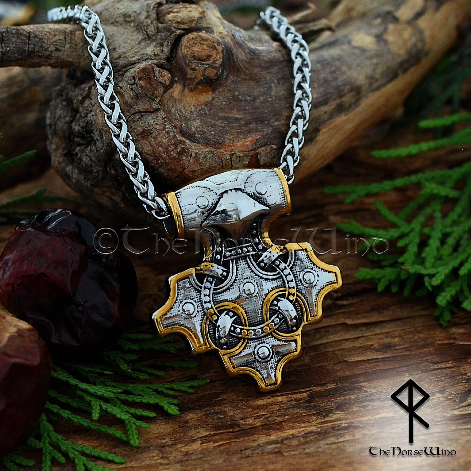 Viking Thor's Hammer Raven Necklace, Norse Mjolnir Pendant in Silver ...