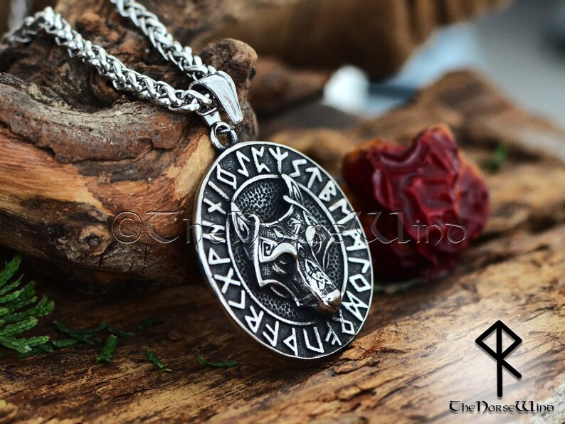 Fenrir Wolf Viking Necklace, Norse Wolf Head Pendant With Futhark Runes ...