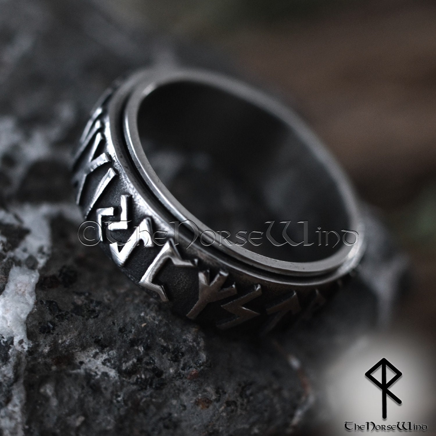 Viking Elder Futhark Runes Ring, Norse Runes 8mm Band Spinner Ring ...