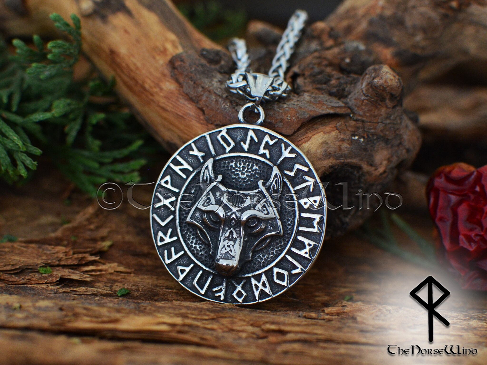 Fenrir Wolf Viking Necklace, Norse Wolf Head Pendant With Futhark Runes ...