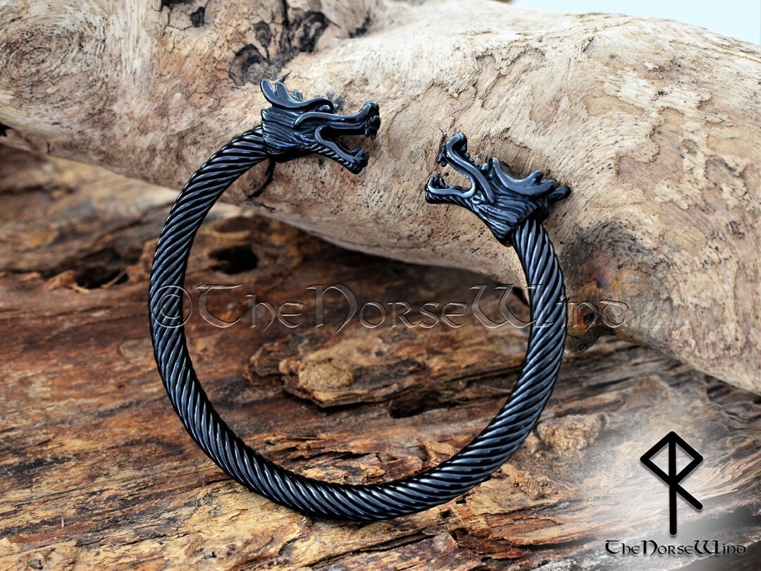 Viking Bracelet Nidhogg Dragon Head Torc, Black Stainless Steel Viking ...