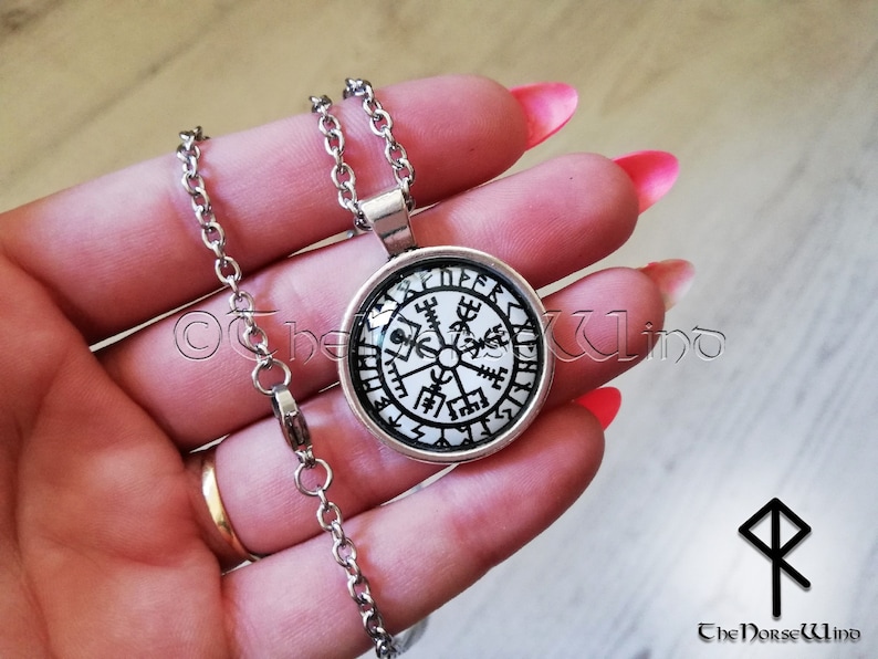 Vegvisir Viking Compass Necklace, Norse Runes Pendant, Glass Viking ...