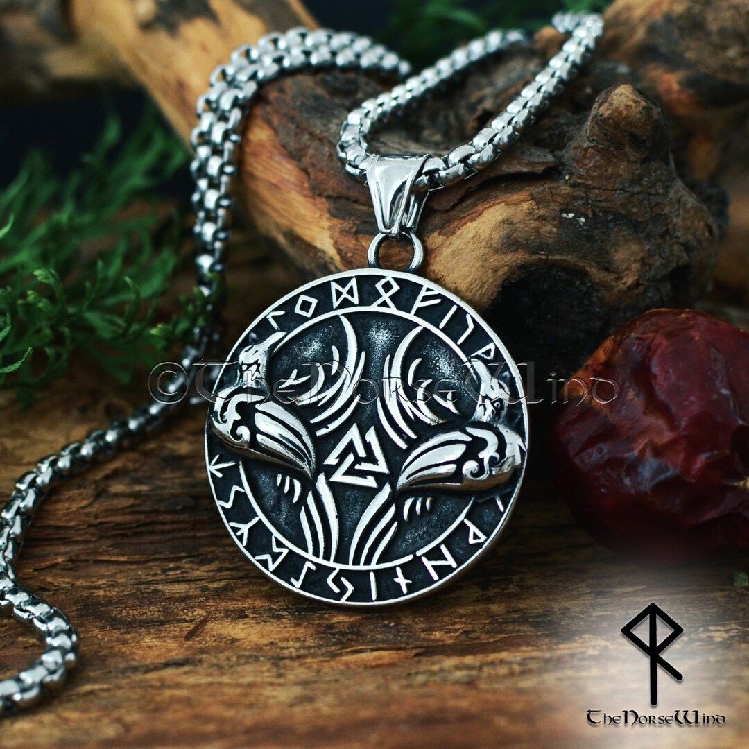 Odin's Ravens Viking Necklace, Huginn and Muninn Norse Runes Pendant ...