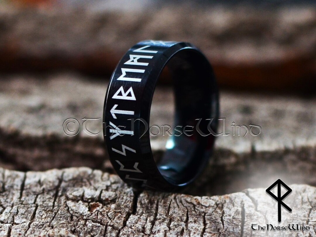 Viking Runes Ring, Norse Runes Circle Ring, Black Stainless Steel Ring ...