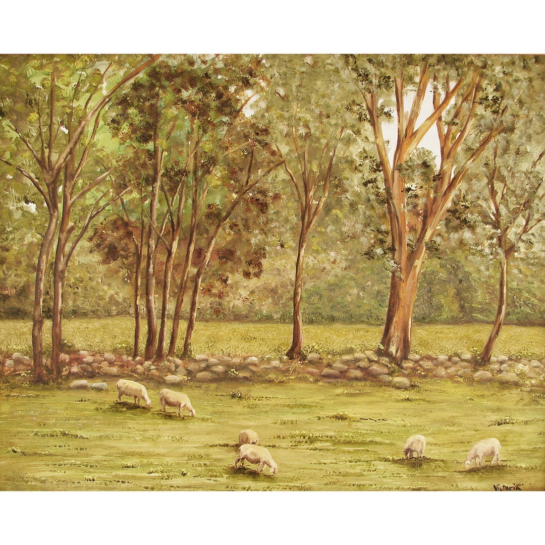 Oil Painting of a Flock of Sheep. Painting of a Rural Landscape ...