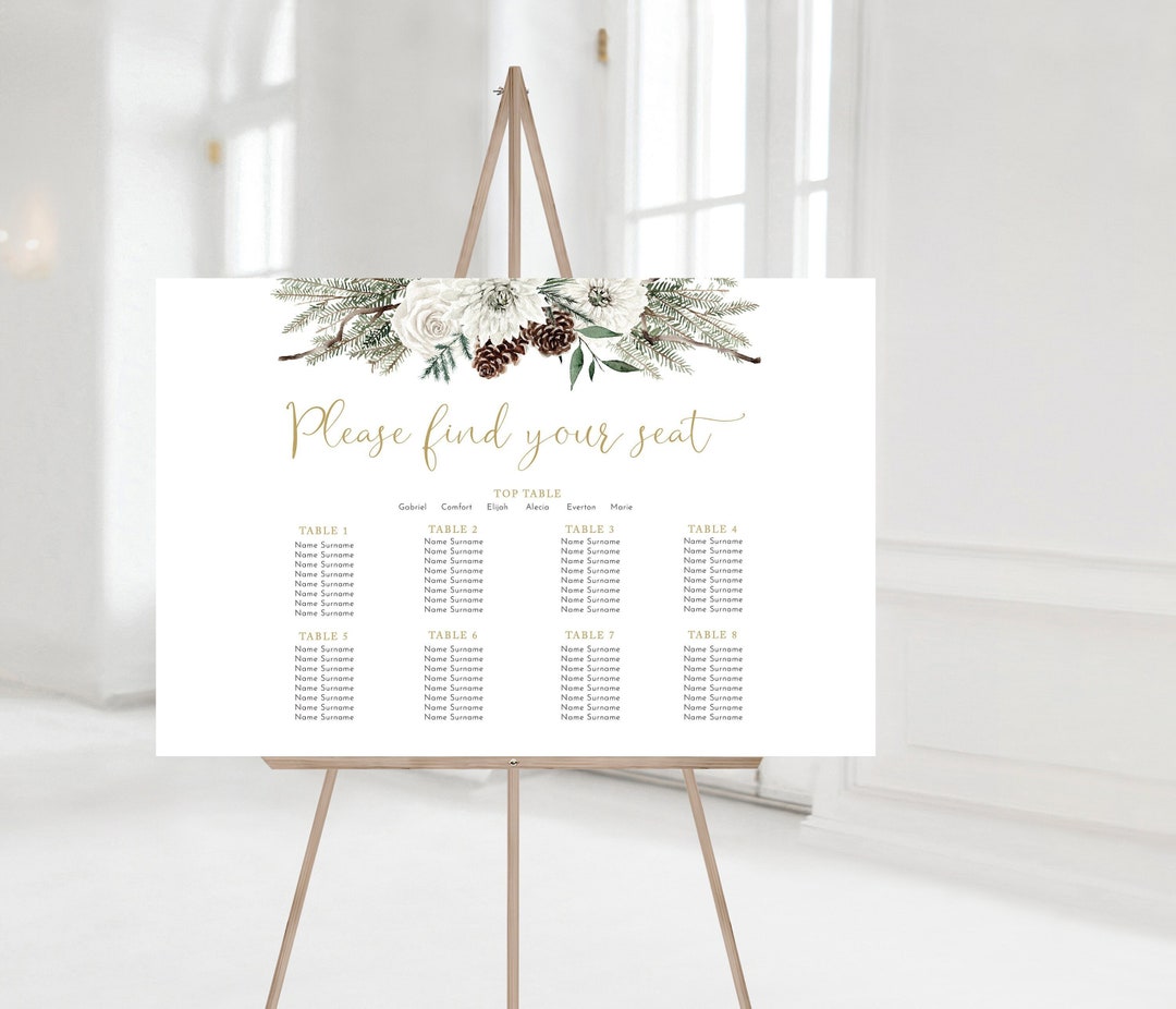 A1, A2 or A3 Winter Floral Pine Seating Plan Wedding Welcome Sign ...