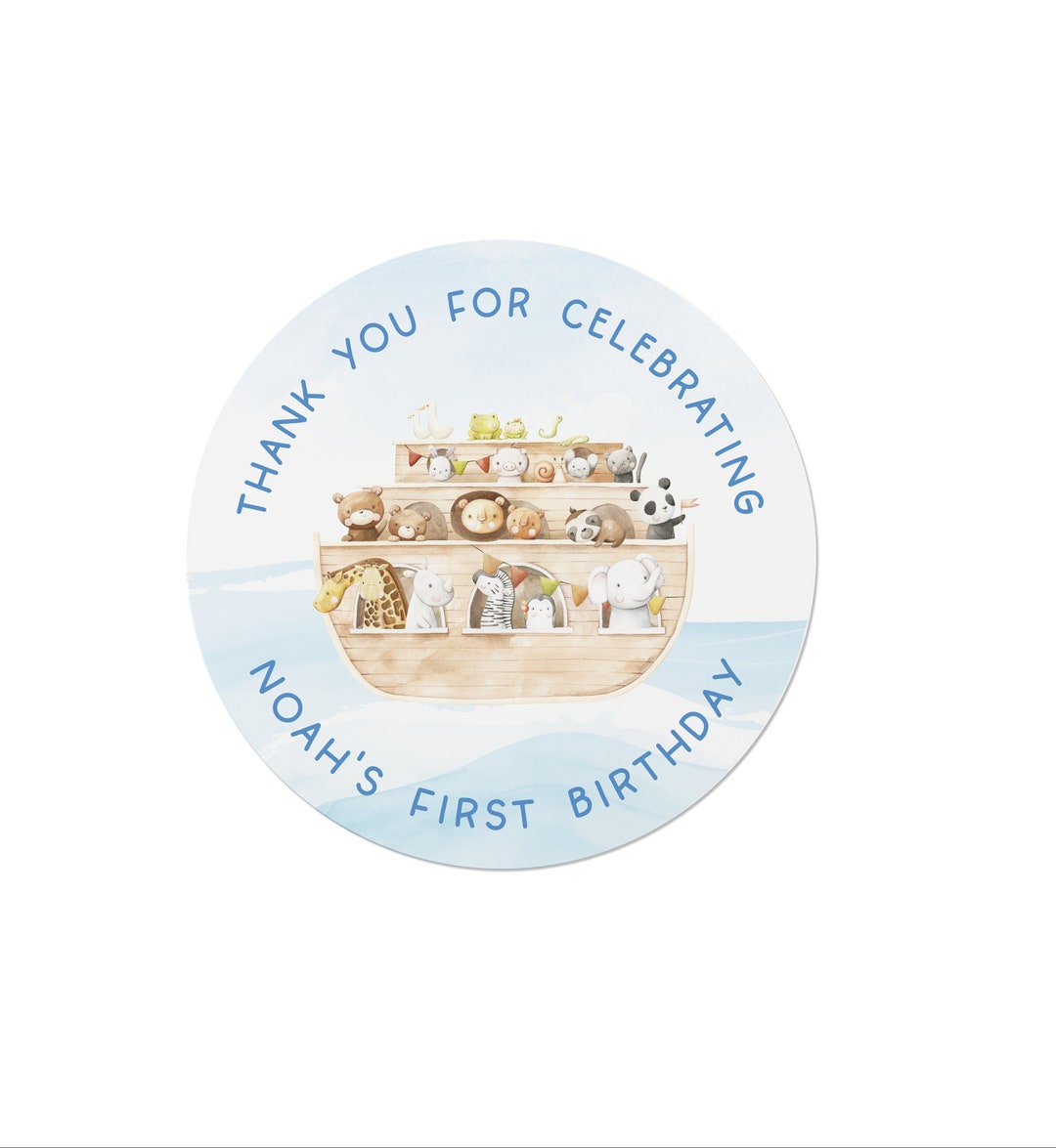 24 Personalised Noah's Ark Birthday Stickers Thank You, Happy Birthday ...