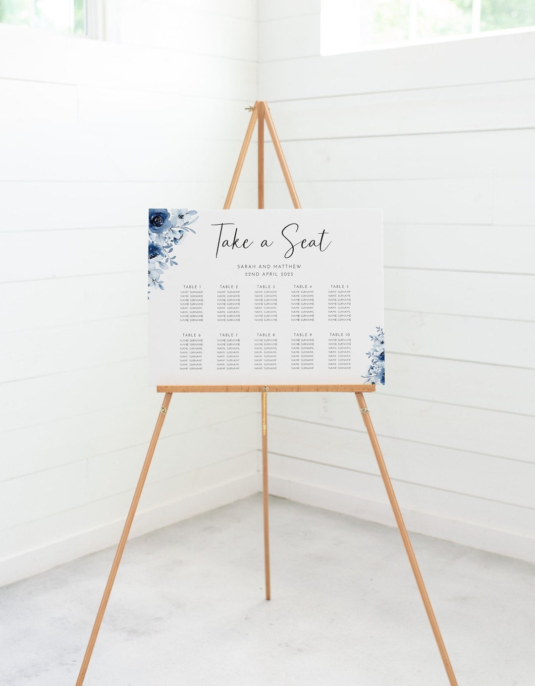 A1, A2 or A3 Blue Floral Seating Plan Wedding Welcome Sign - Table Plan ...