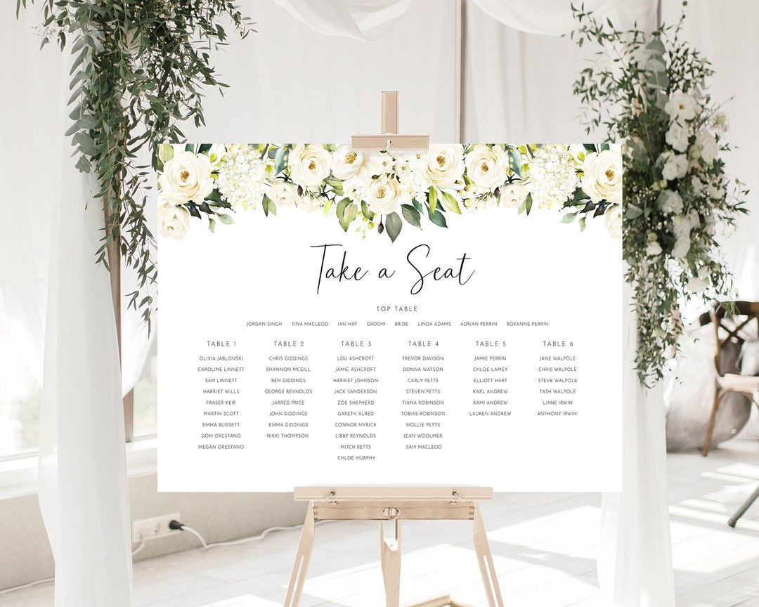 A1, A2 or A3 White Rose Seating Plan Wedding Welcome Sign - Table Plan ...