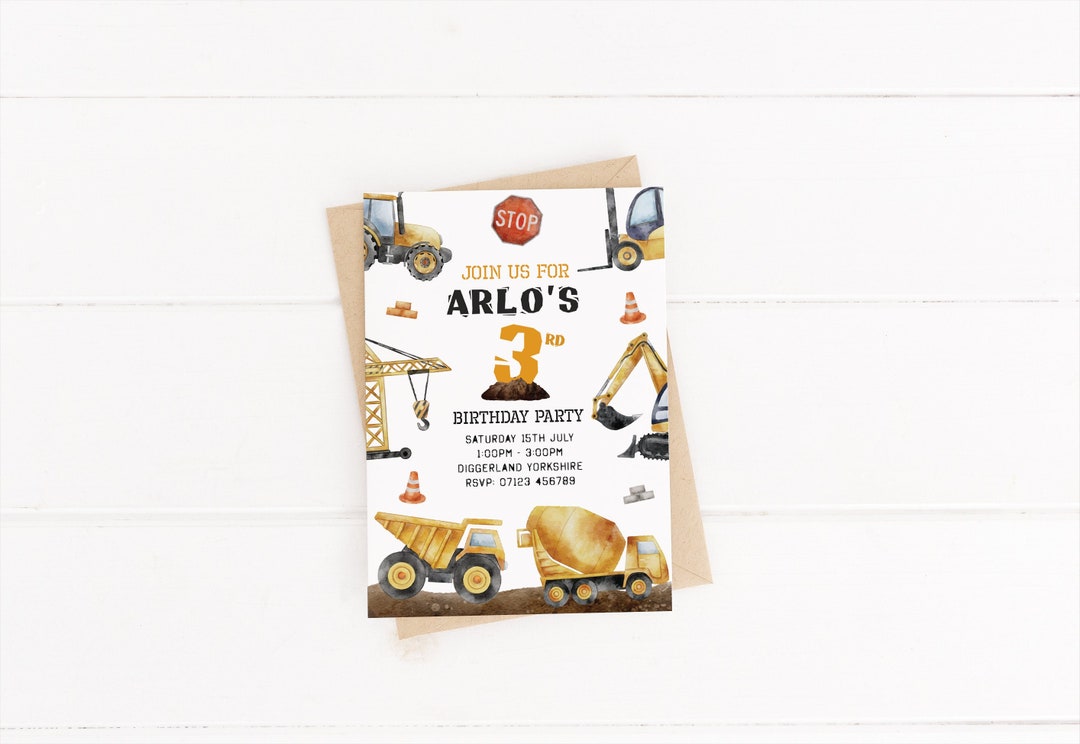Construction Vehicles Party Invitations Personalised Birthday Party ...