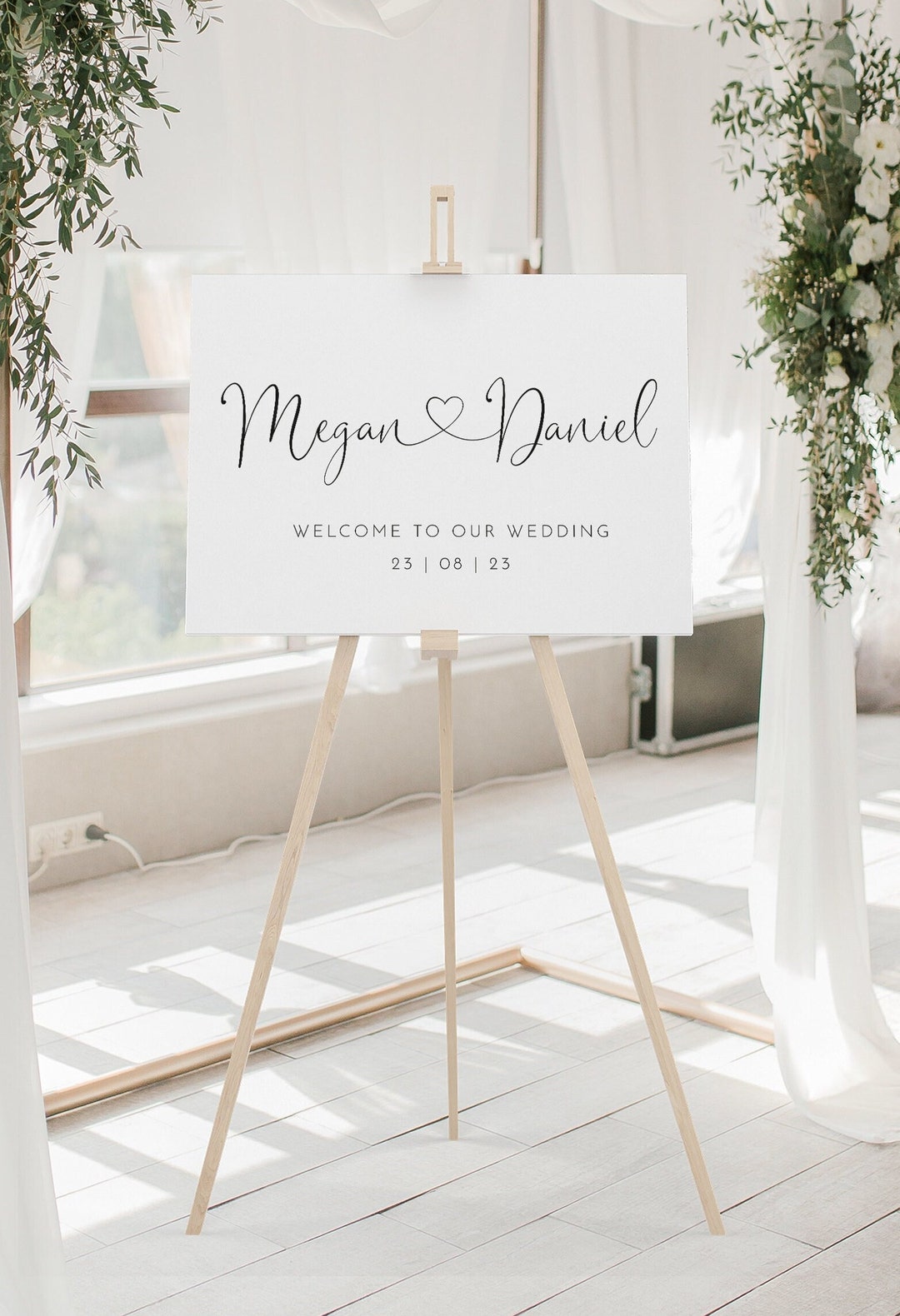 Personalised Wedding Welcome Sign - Heart Names - Minimalist Simple ...