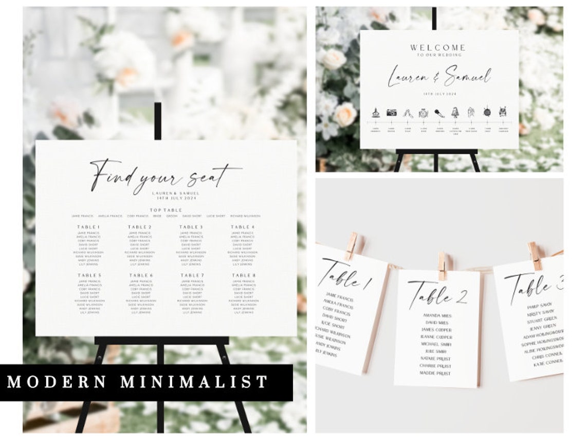 A1, A2 or A3 Minimalist Seating Plan Wedding Welcome Sign - Table Plan ...