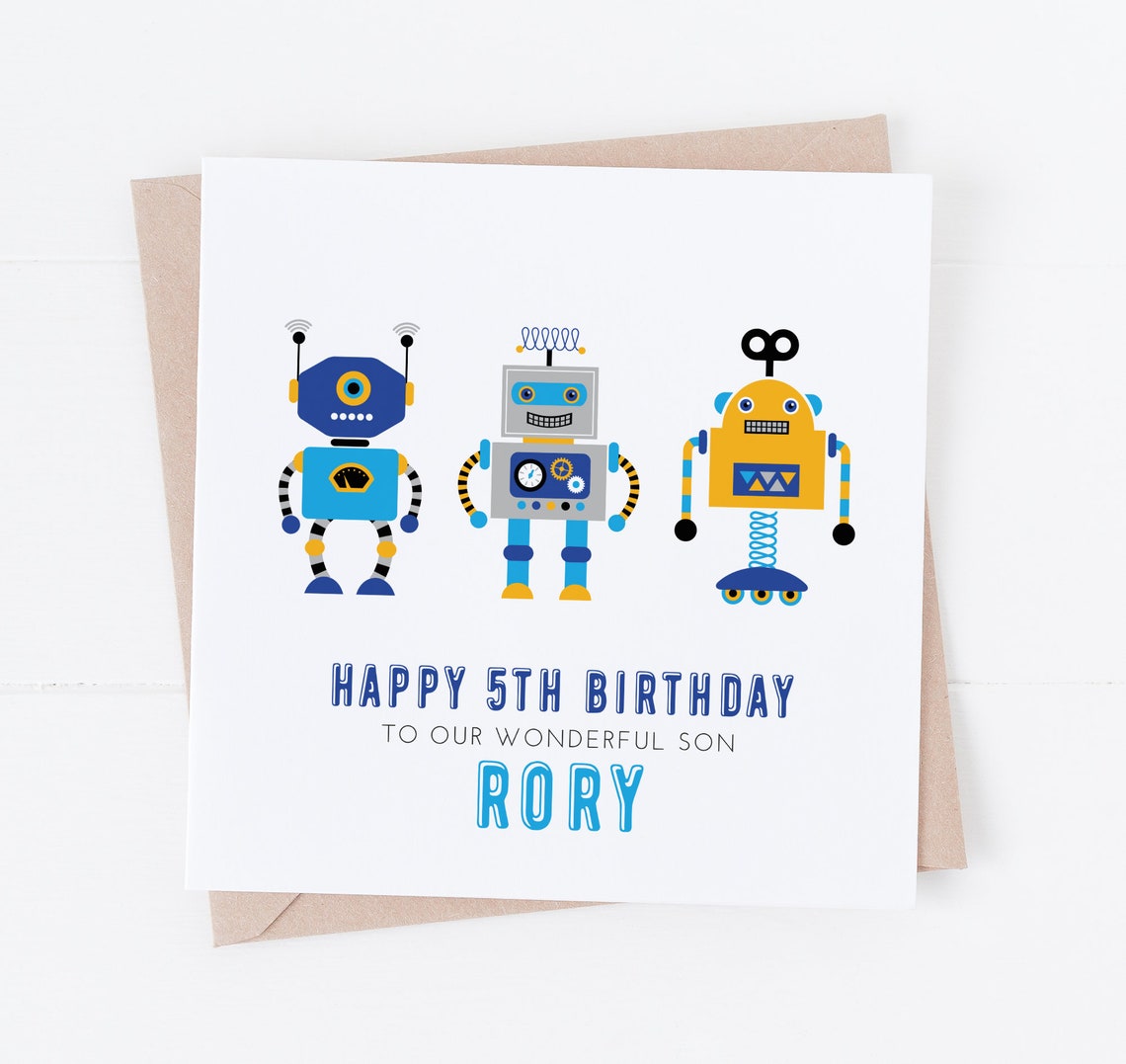 Personalised Robot Happy Birthday Card - Personalise With Any Text or ...