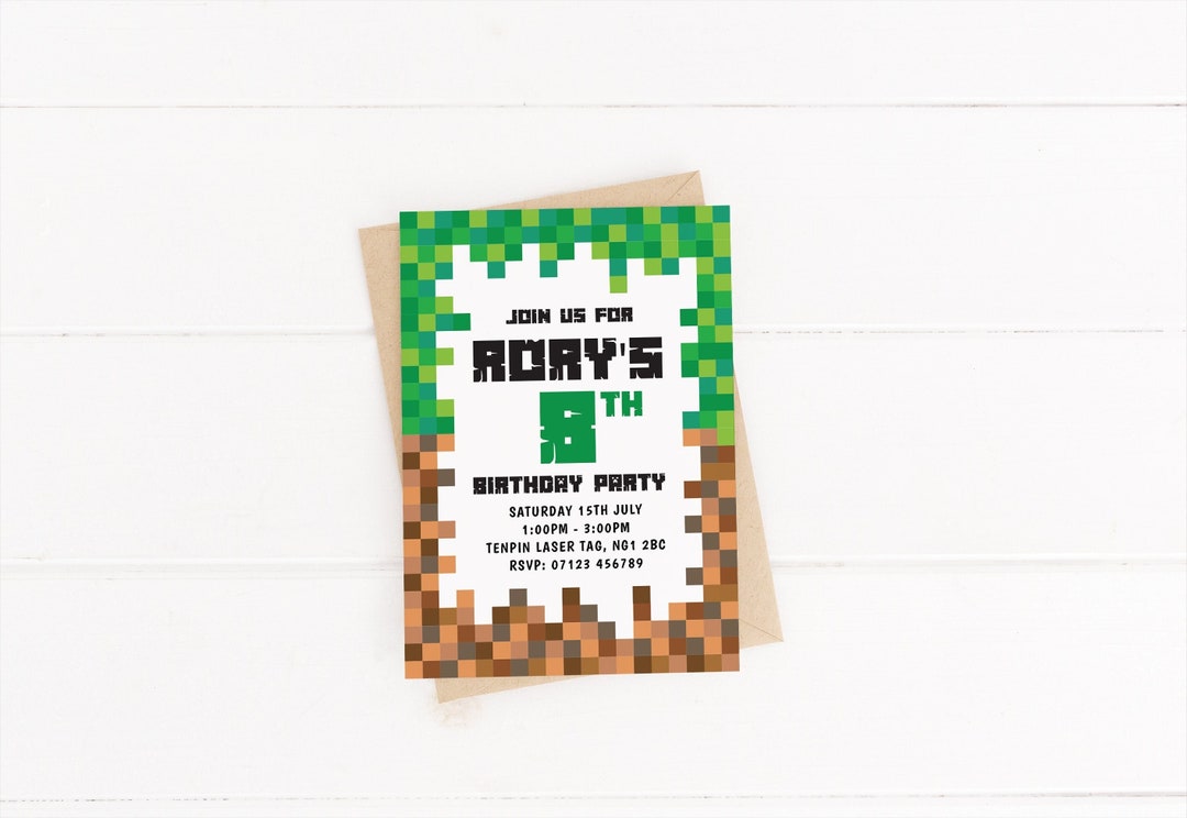 Gaming Party Invitations - Minecraft Style Personalised Birthday Party ...