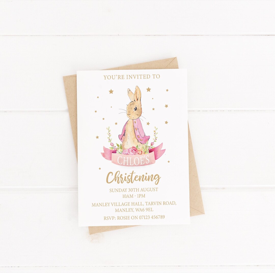 Personalised Pink Flopsy Bunny Peter Rabbit Style Invitations ...