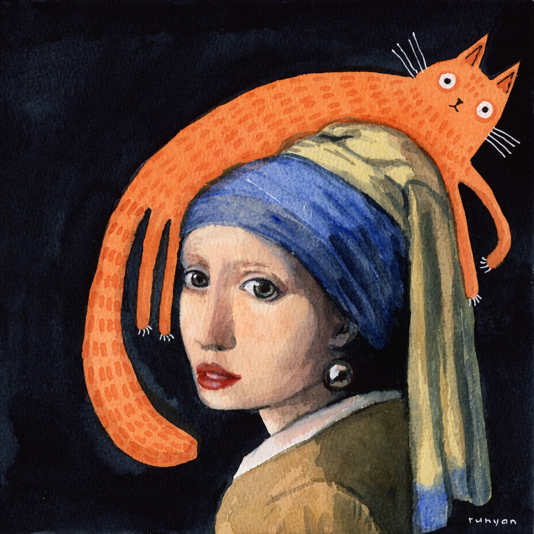 Girl With Pearl Earrings & Cat - Etsy