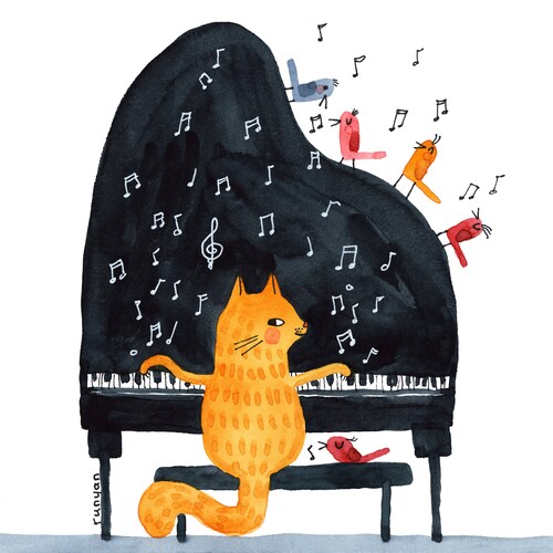 Cat Illustration Ginger Cat Print Piano Art Wall Art Cat - Etsy