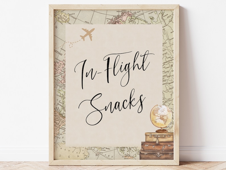 In-flight snacks sign // travel baby shower luggage | Etsy