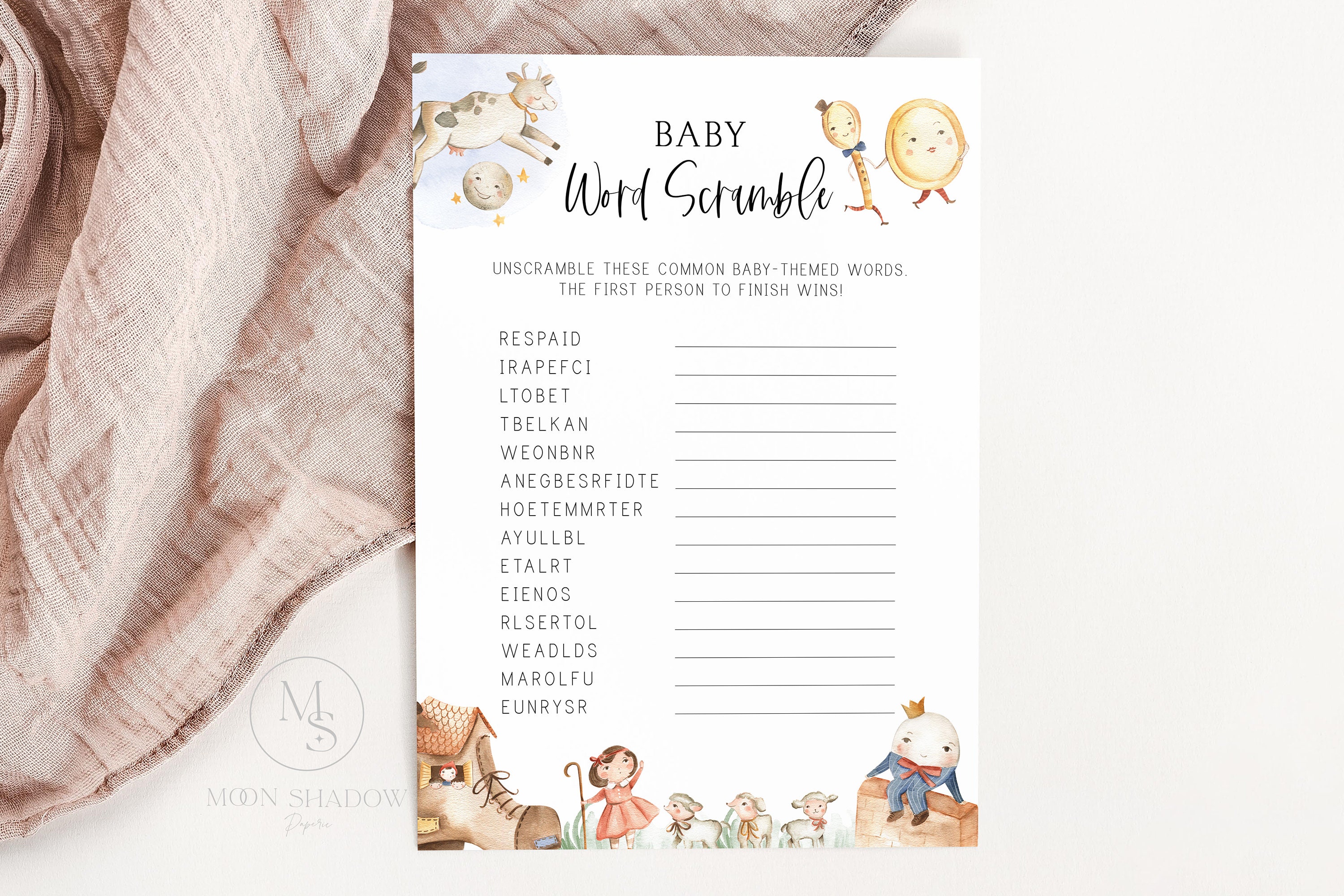 Baby Word Scramble Game // Nursery Rhyme Baby Shower, Gender Neutral ...