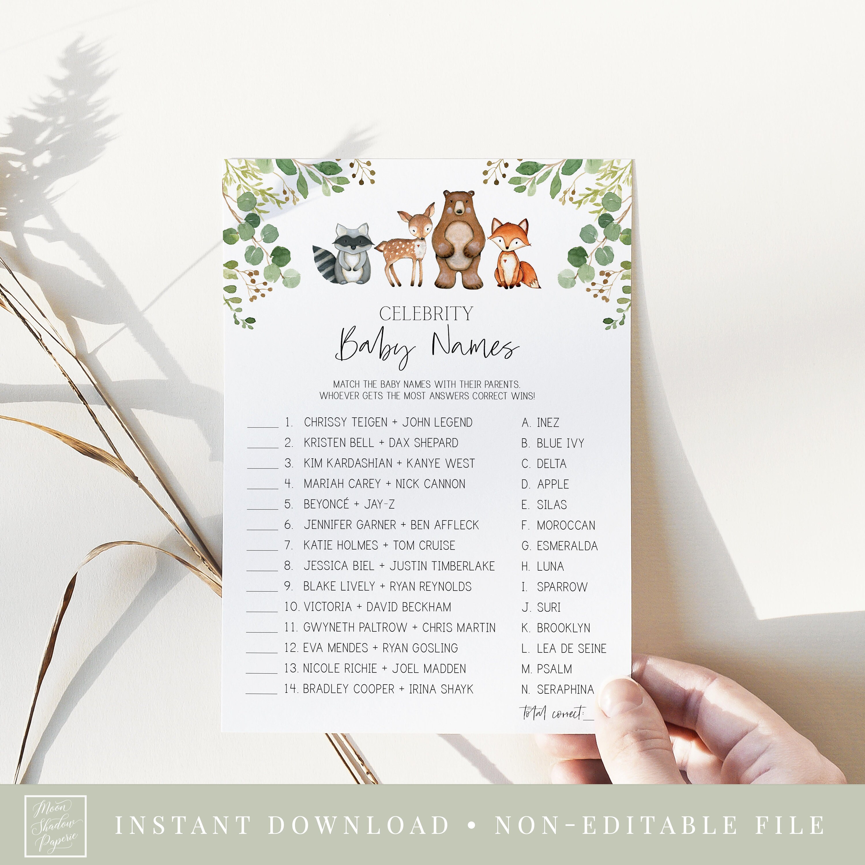 Celebrity Baby Names Game // Woodland Baby Shower, Woodland Animals ...