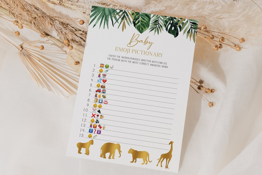 Baby Emoji Pictionary Game // Jungle Baby Shower, Gold Foil, Jungle ...