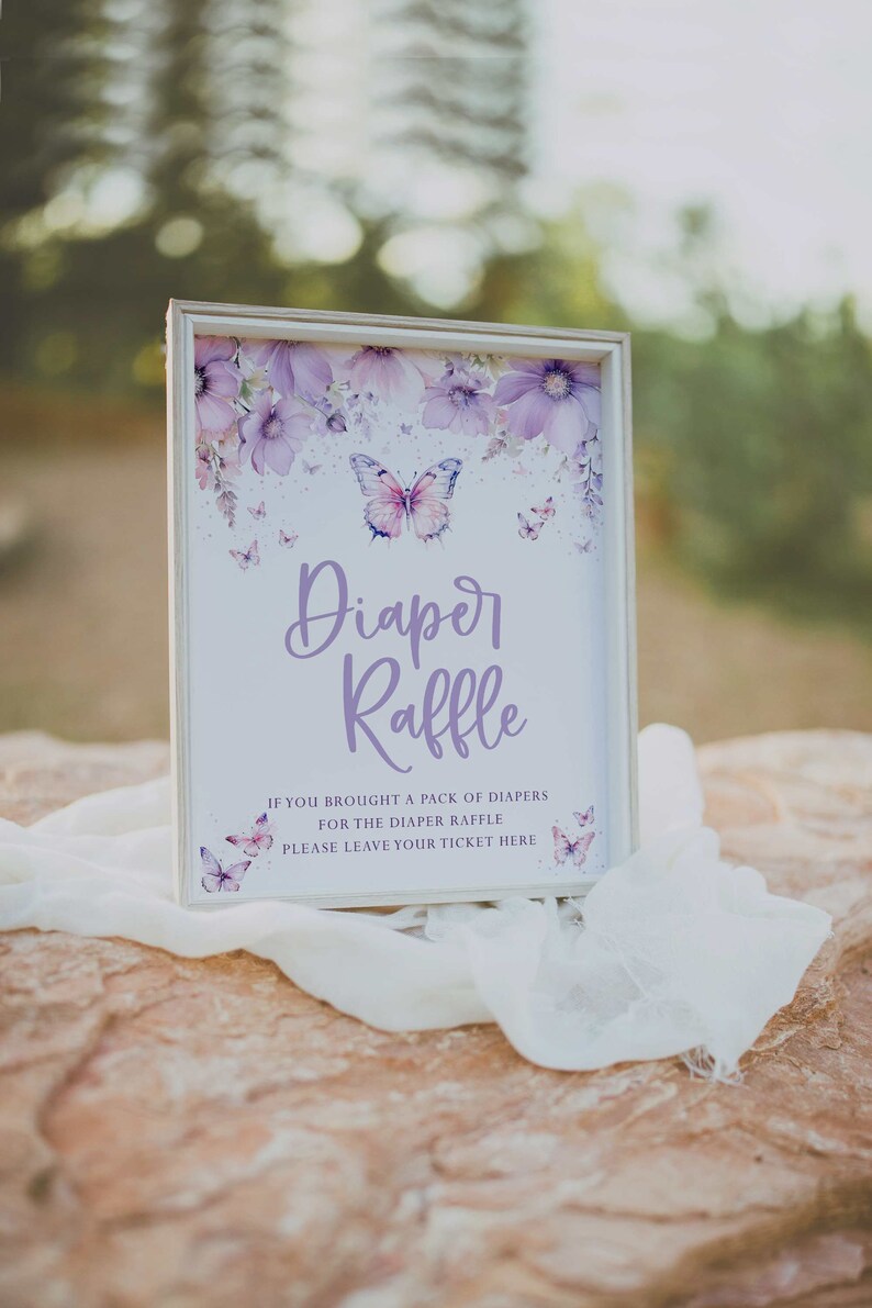 Printable Diaper Raffle Sign // Floral Lavender Butterfly, Baby Shower ...