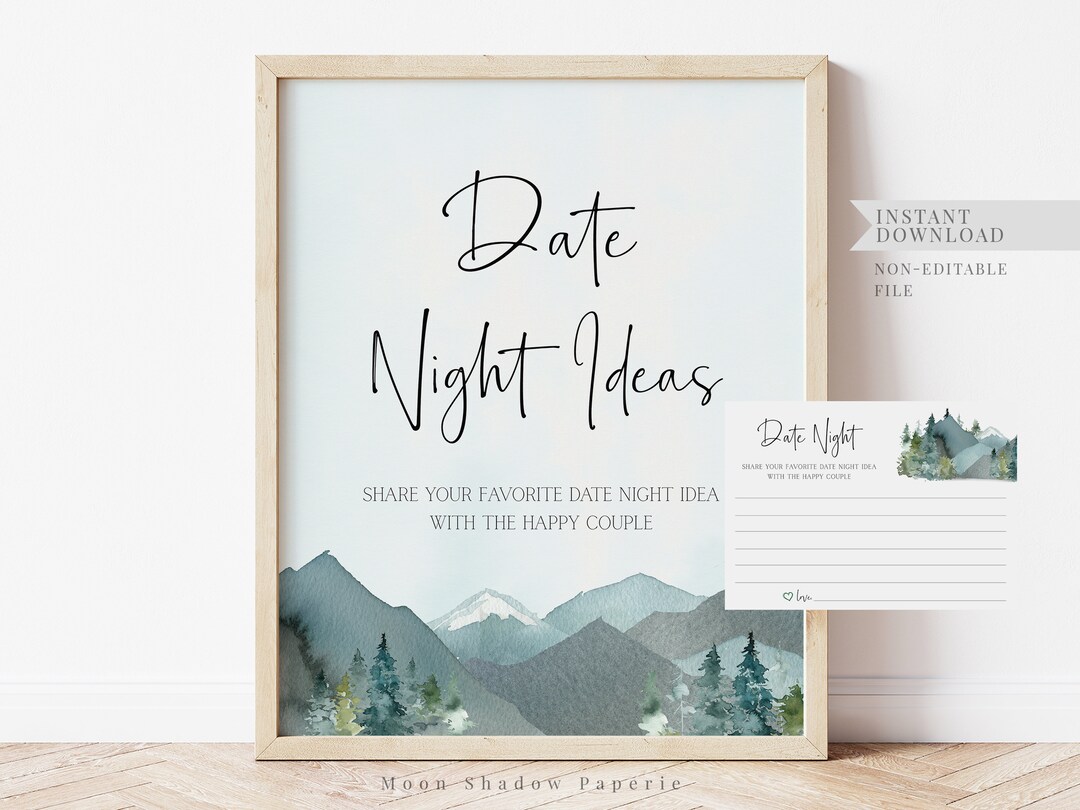 Date Night Ideas Sign + Card // Mountains, Woodland Trees, Adventure ...