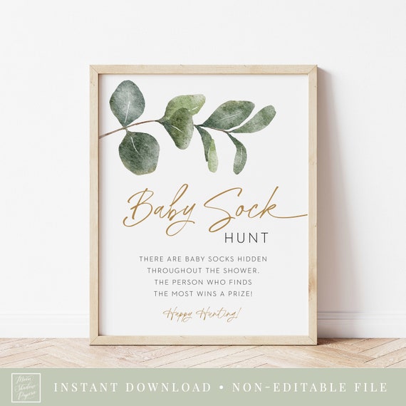 Baby Sock Hunt Sign // Printable Baby Shower Sign Eucalyptus | Etsy