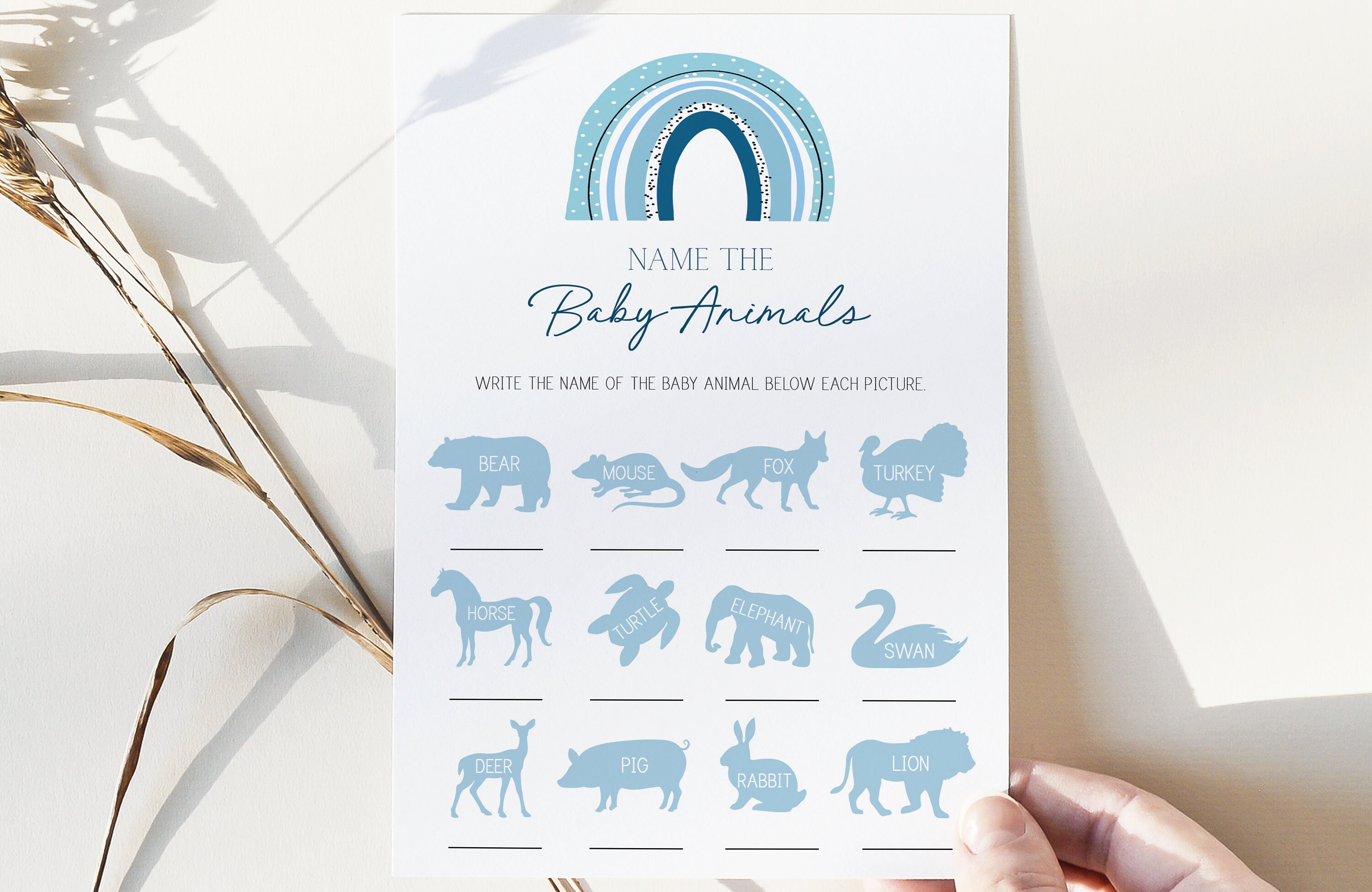 Name the Baby Animals Game // Blue Rainbow Baby Shower Game, Blue ...