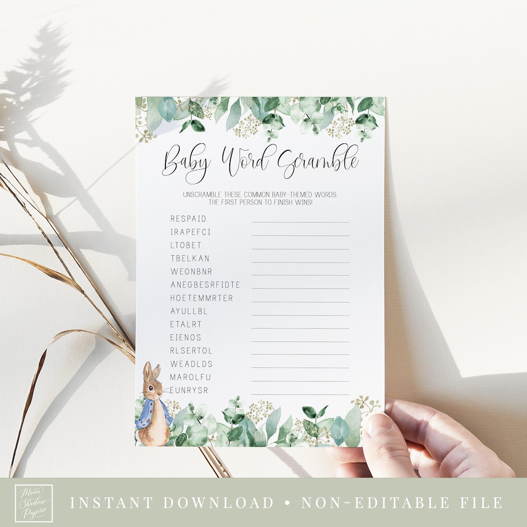Baby Word Scramble Game // Peter Rabbit Baby Shower, Peter Rabbit ...