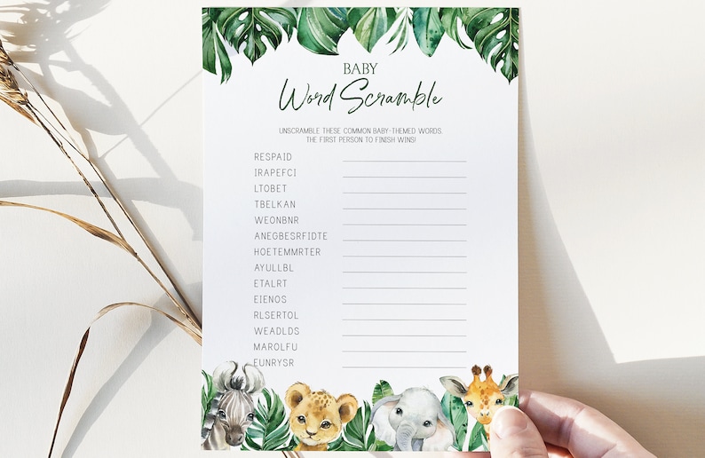 Baby Word Scramble Game // Jungle Baby Shower, Jungle Animals, Safari ...