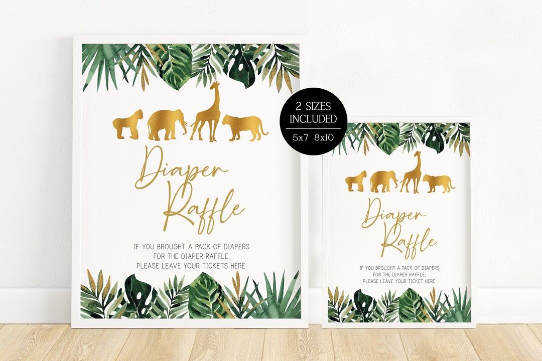 Diaper Raffle Sign // Jungle Baby Shower, Gold Foil, Jungle Theme ...