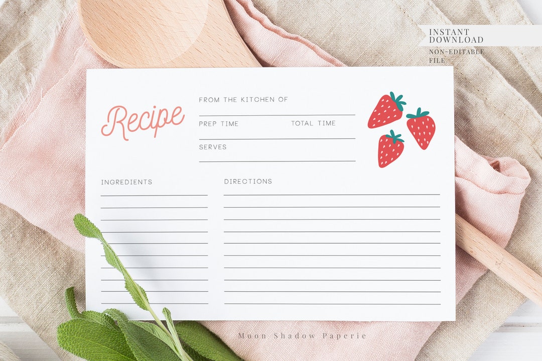 Strawberries Recipe Card // Printable Recipe Card, Recipe Cards, Bridal ...