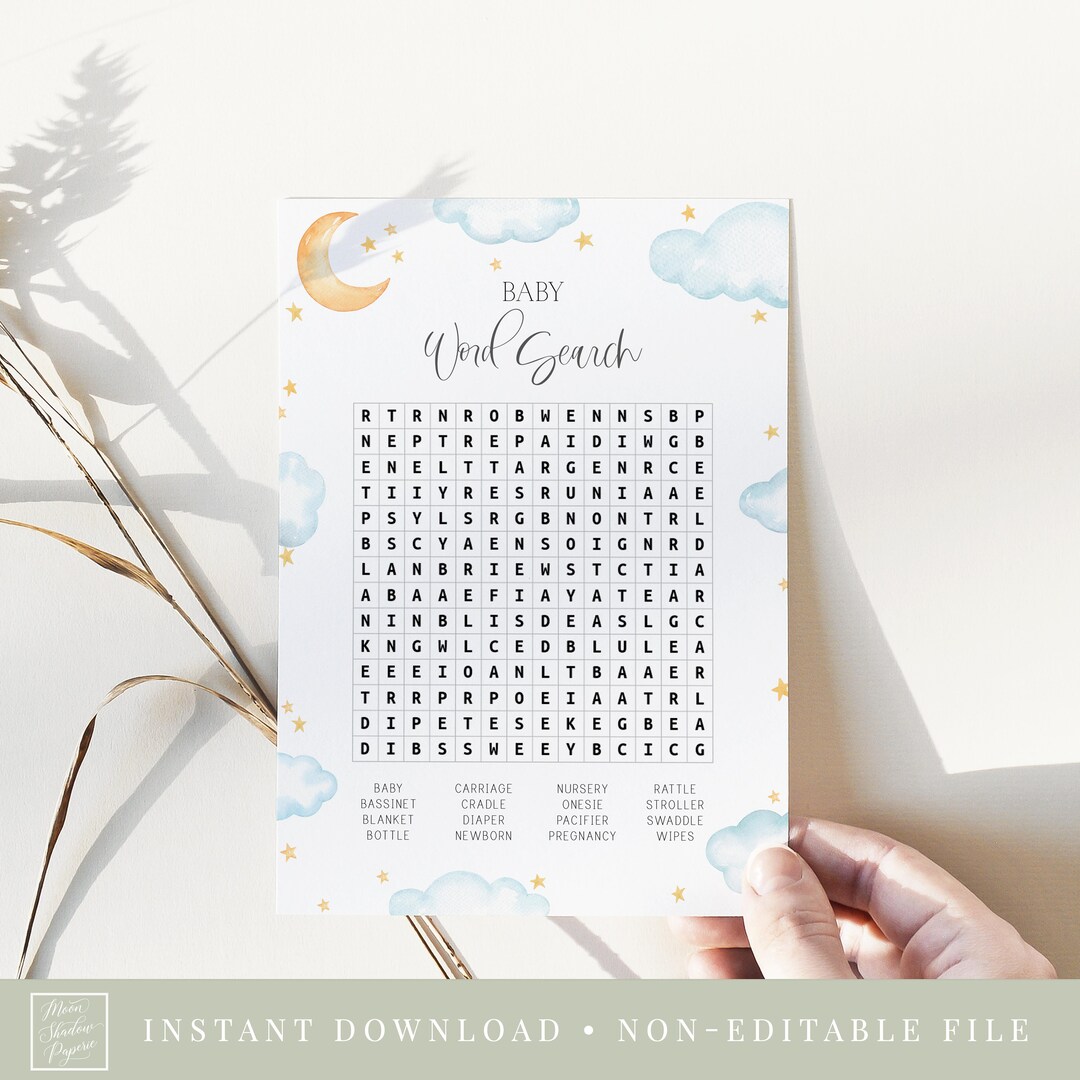Baby Word Search Game // Twinkle Baby Shower Game, Moon and Stars ...